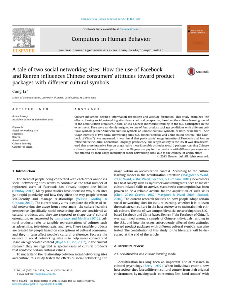 Computers in Human Behavior: Cong Li | PDF | Social Networking Service | Likert Scale