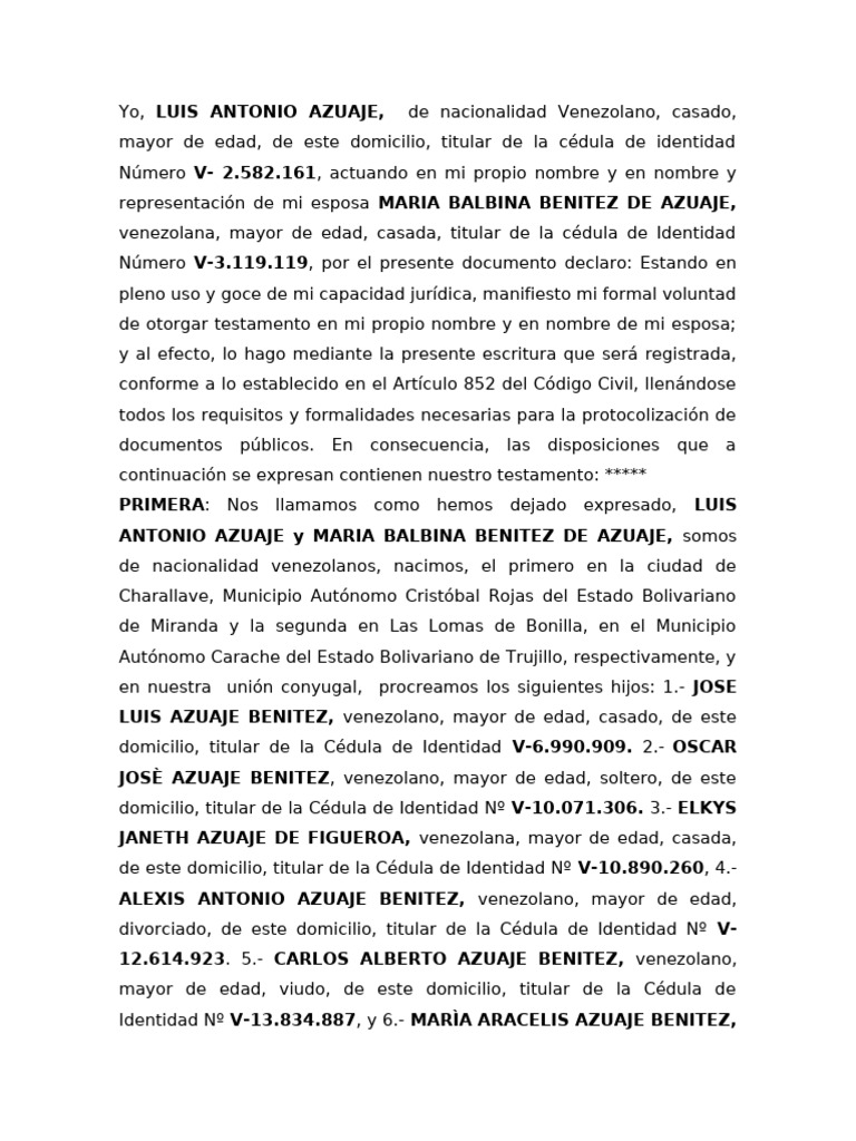 Testamento Luis Azuaje | PDF | Documento de identidad | Venezuela Testamento Luis Azuaje | PDF | Documento de identidad | Venezuela