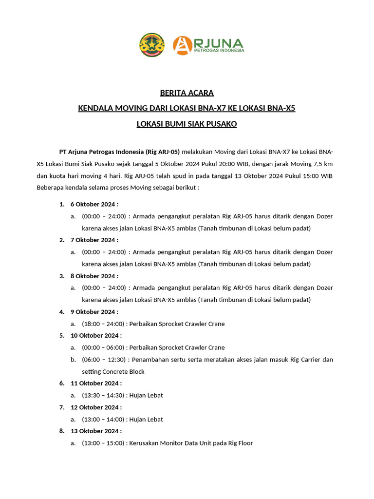 Berita Acara Kendala Moving Rig ARJ-05 (BNA-X5) | PDF