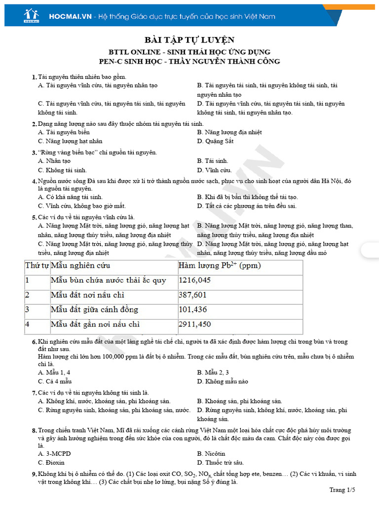 Bài Tập Tự Luyện: Bttl Online - Sinh Thái Học Ứng Dụng Pen-C Sinh Học - Thầy Nguyễn Thành Công | PDF