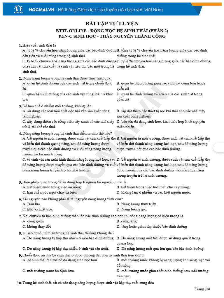 Bài Tập Tự Luyện: Bttl Online - Động Học Hệ Sinh Thái (Phần 2) Pen-C Sinh Học - Thầy Nguyễn ...