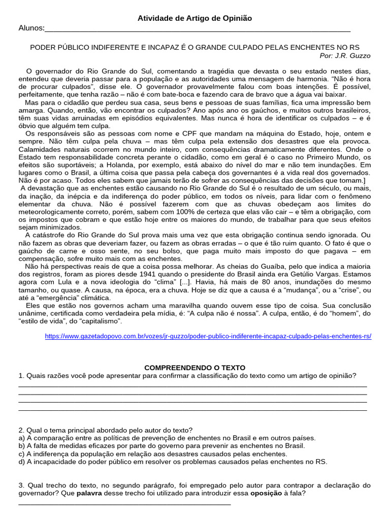 Atividade de Artigo de Opinião | PDF | Enchente | Brasil