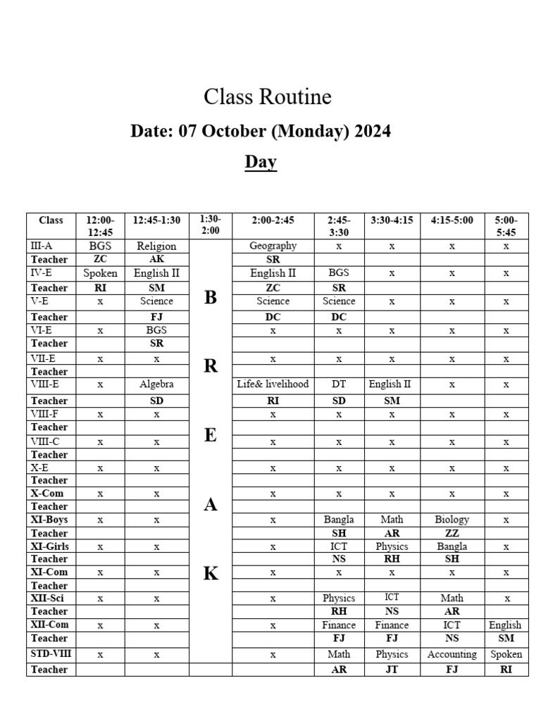 Class Routine Day School Exam | PDF | Science