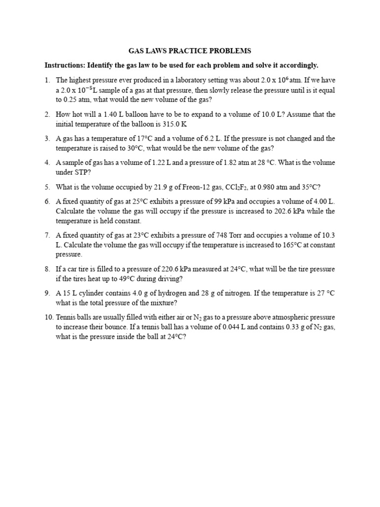 Gas Laws Practice Problems | PDF