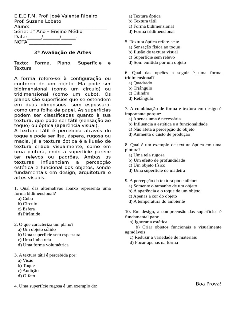 3 Aval 1°anoEM | PDF | Ótica | Estética