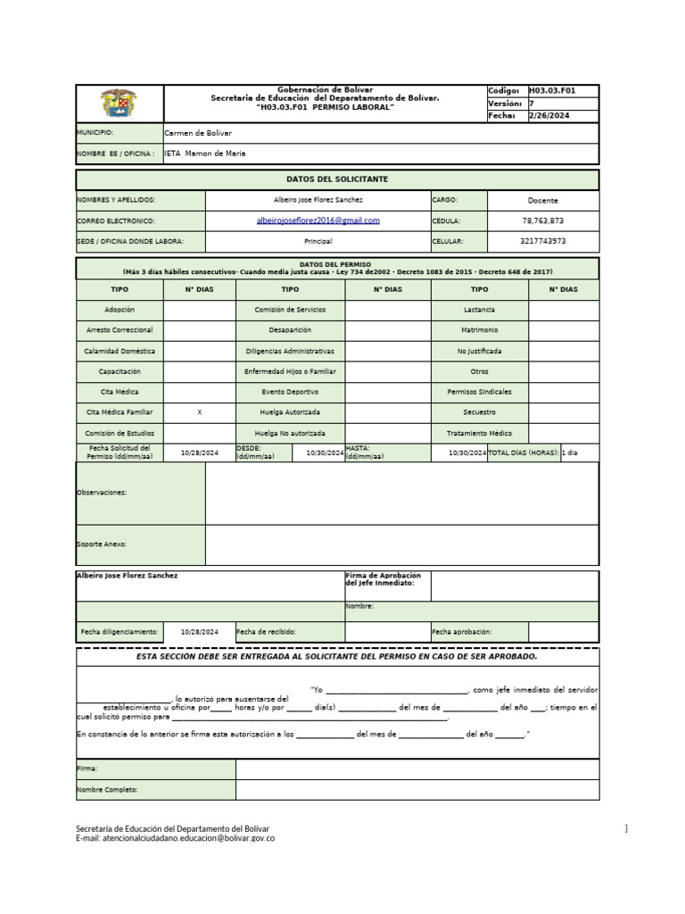 Permiso Laboral Docente Bolívar | PDF