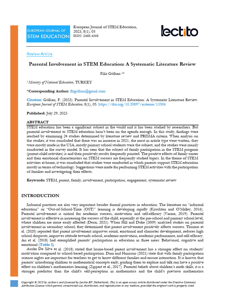 Parental Involvement in Stem Education A Systematic Literature Review ...