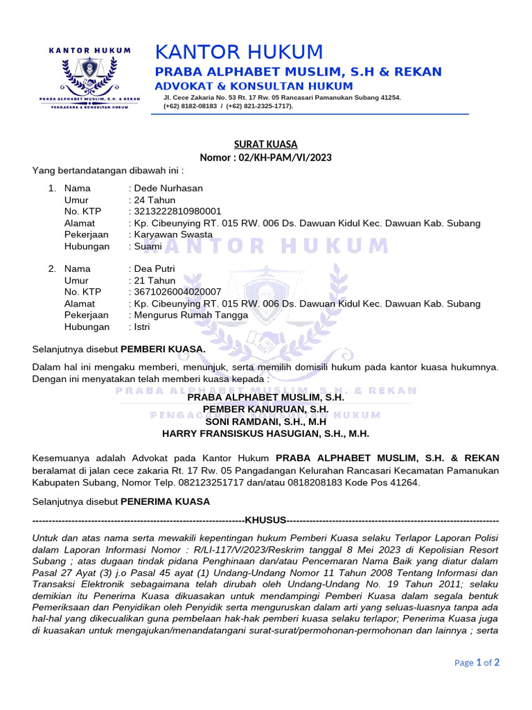 Surat Kuasa Dea Ok | PDF | Hukum