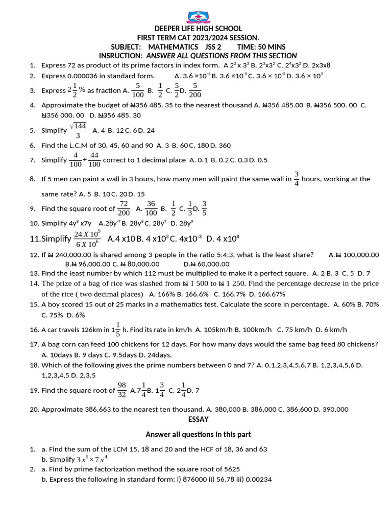 JSS 2 Mathematics CAT Questions 2023 | PDF | Percentage | Square Root