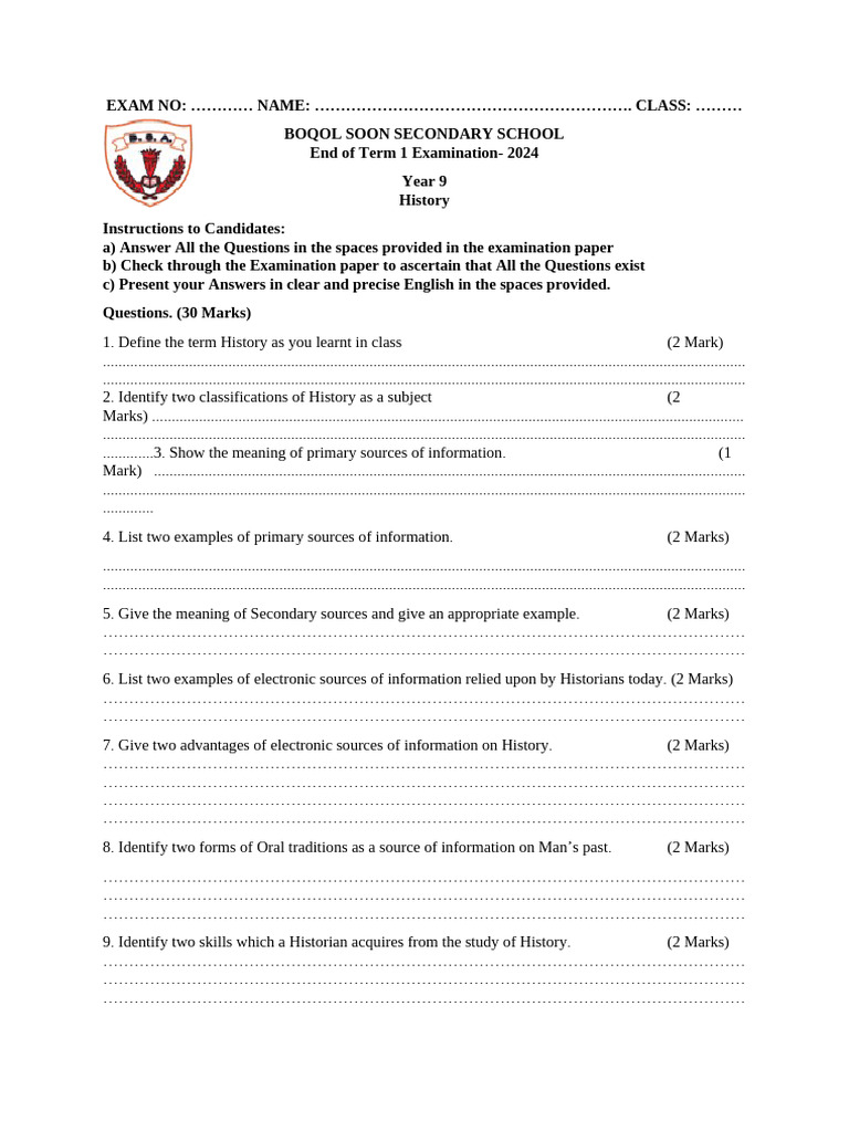 Year 9 History Exam Questions 2024 | PDF