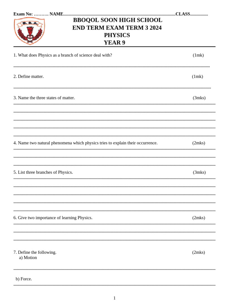 Year 9 Physics Exam Term 3 2024 | PDF | Speed | Quantity