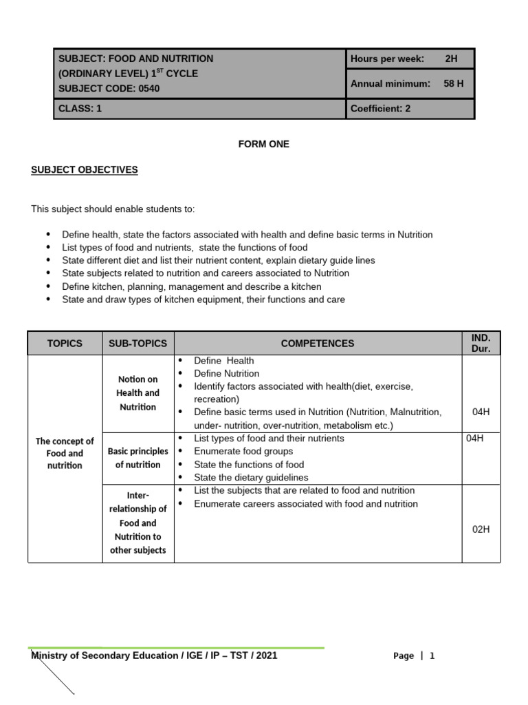 Food and Nutrition Syllabus Overview | PDF | Digestion | Nutrition