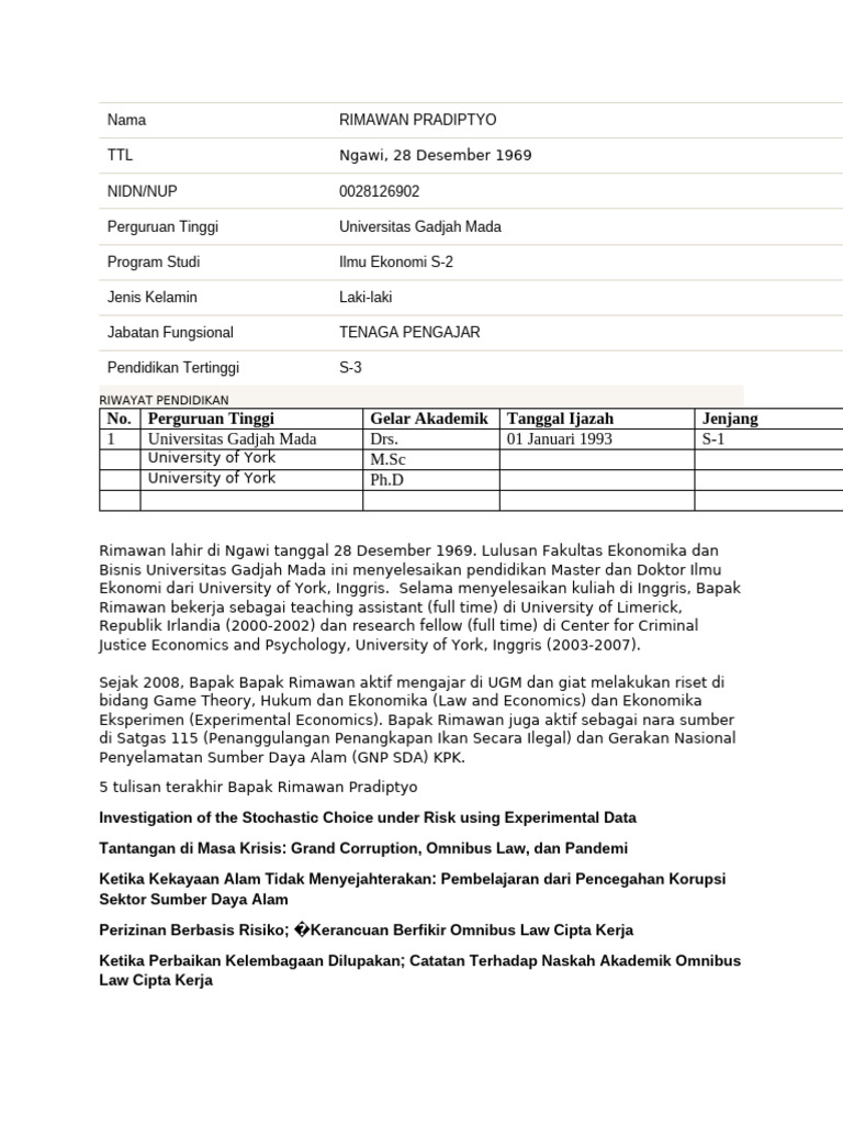 CV 1 Pak Rimawan Pradiptyo | PDF