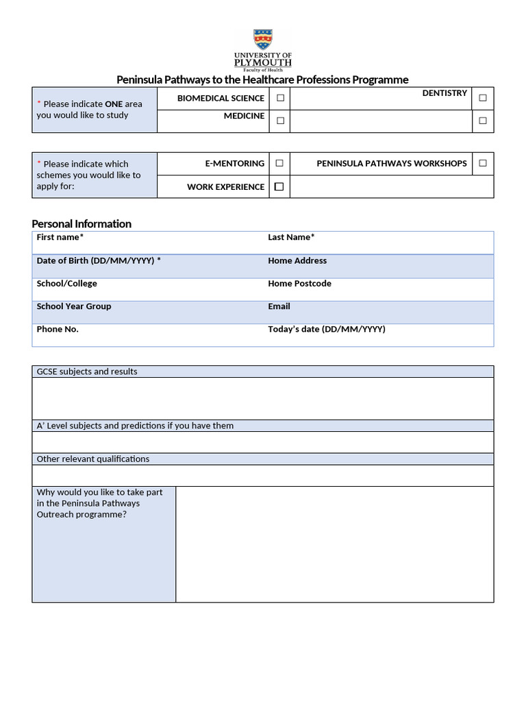 UoP Peninsula Pathways Programme Form 2023 2024 | PDF