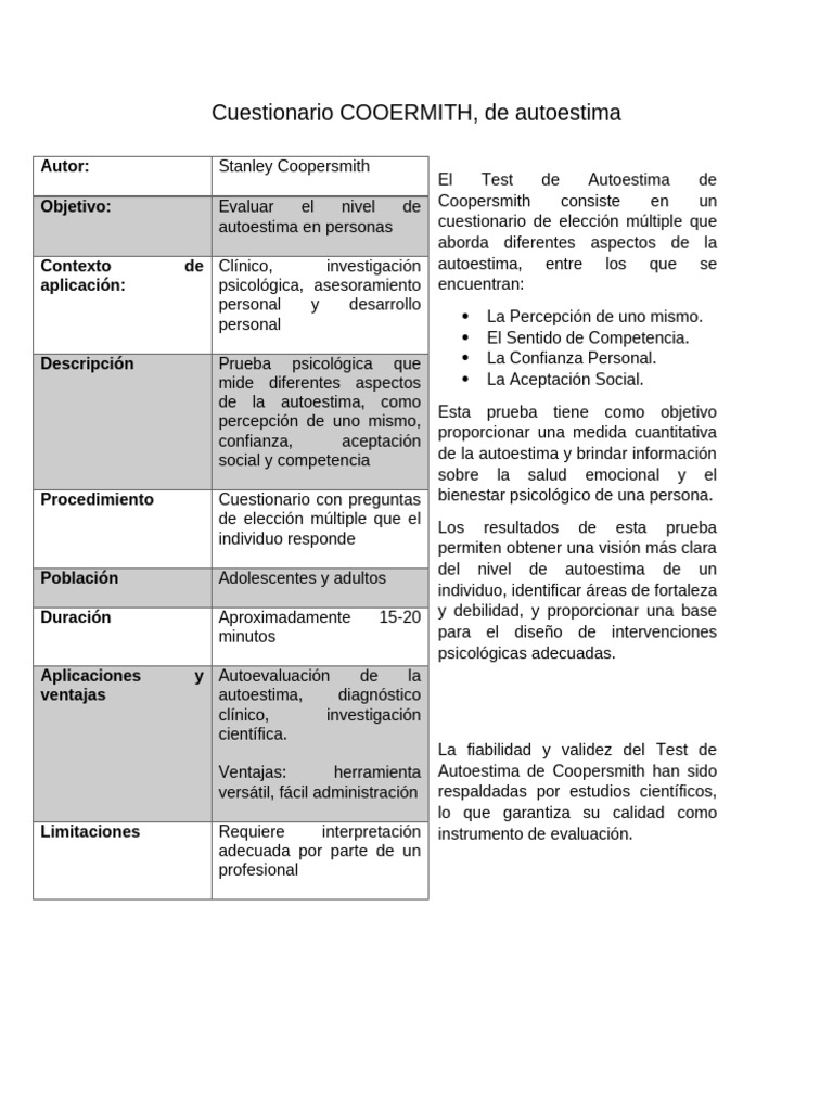Cuestionario de Autoestima Coopersmith | PDF | Autoestima | Sicología
