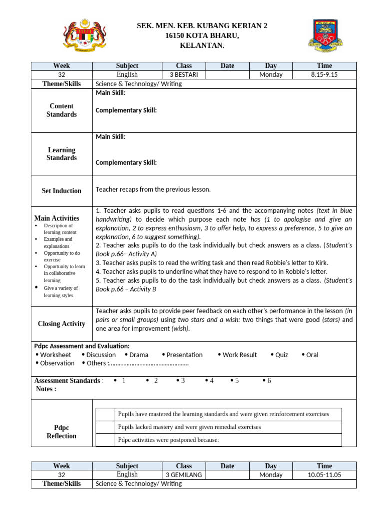 English Lesson Plans For Week 32 Pdf Teachers Learning