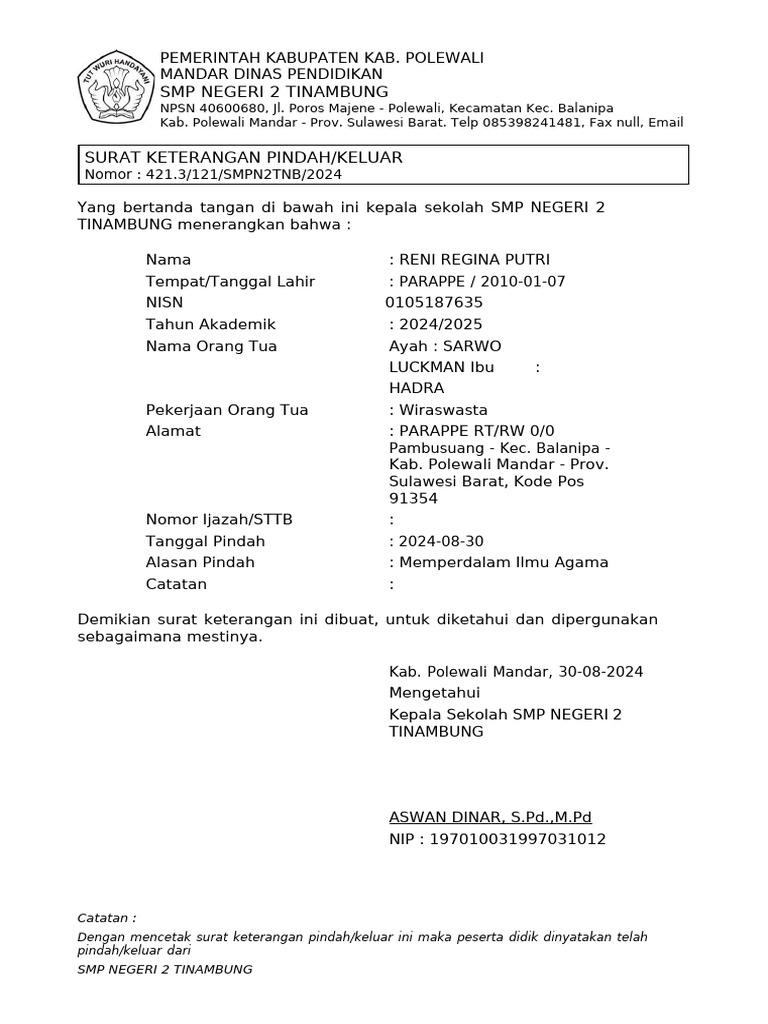 Surat Mutasi Dapodik Reni Regina Putri | PDF