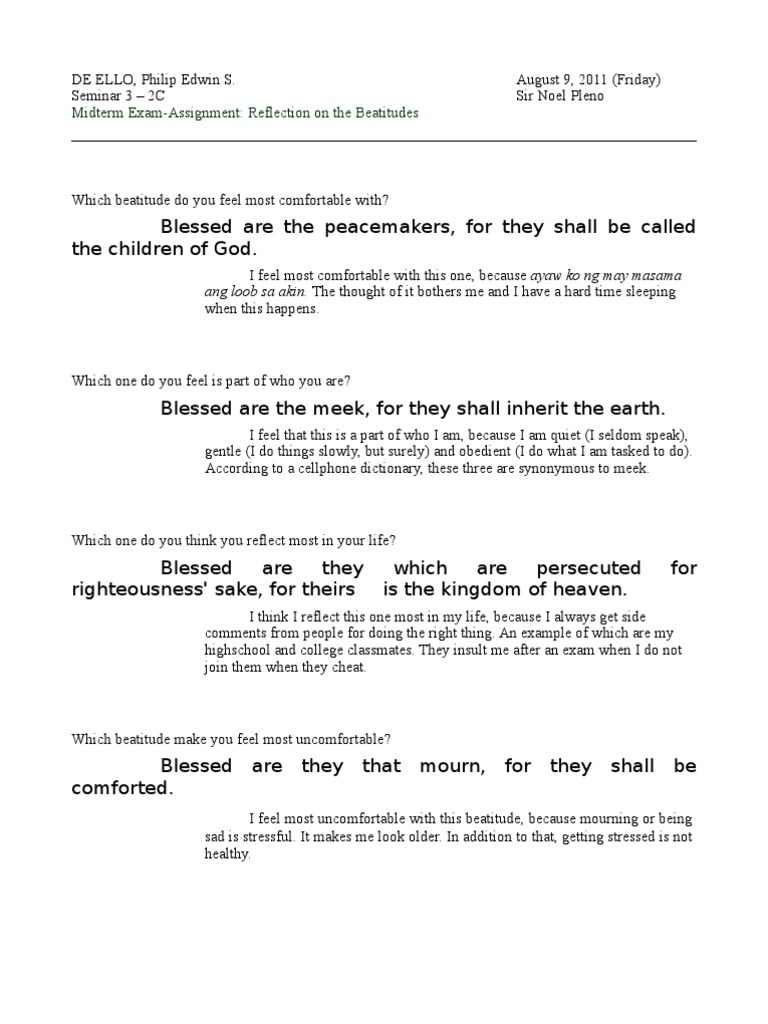 Midterm Exam-Assignment On Beatitudes | PDF | Beatitudes | Metaphysics ...
