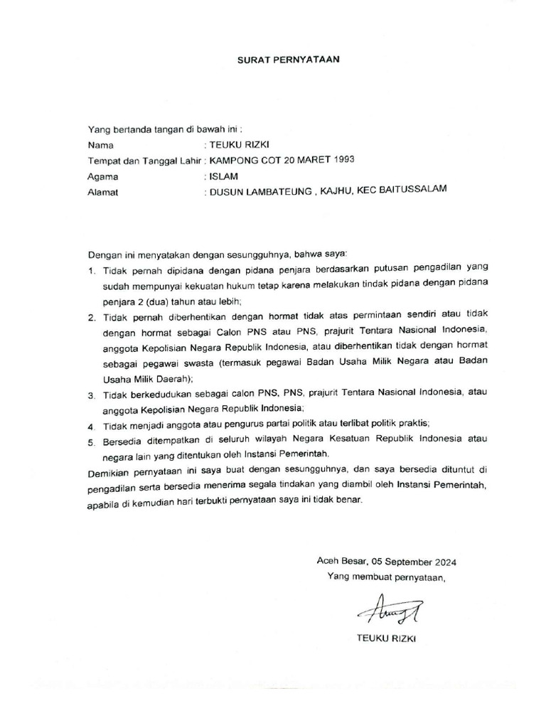 Surat Pernyataan - Teuku Rizki | PDF