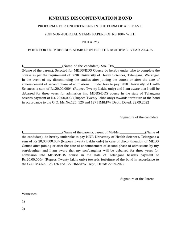 Bond Knruhs Discontinuation Bond Ug Proforma 2024 25 | PDF