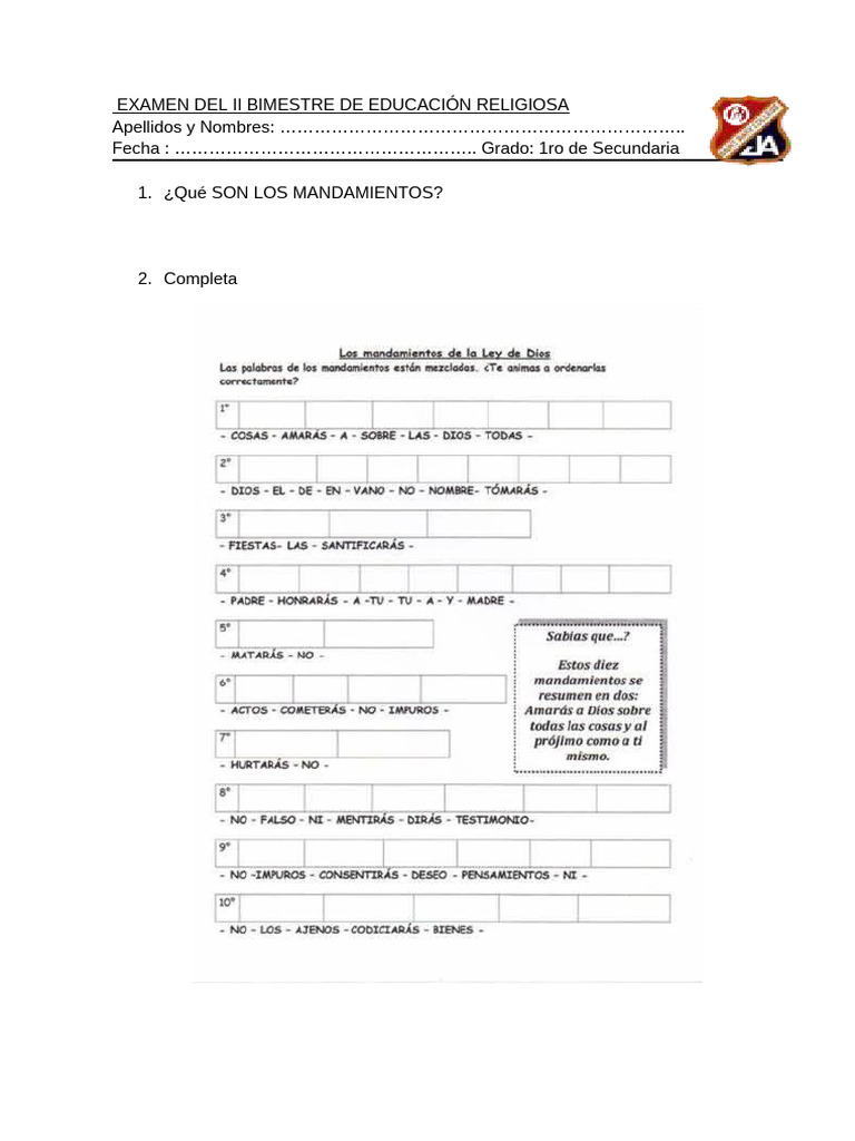 Examen 1ro Secu 4to Bimestre | PDF