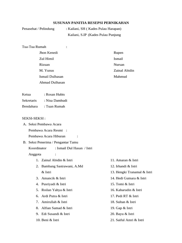 Susunan Panitia Resepsi Pernikahan | PDF