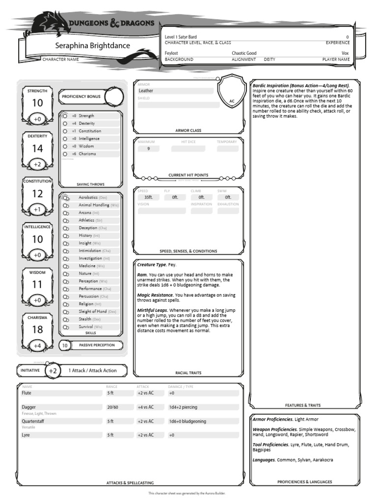 Seraphina Brightdance (DND Character) | PDF