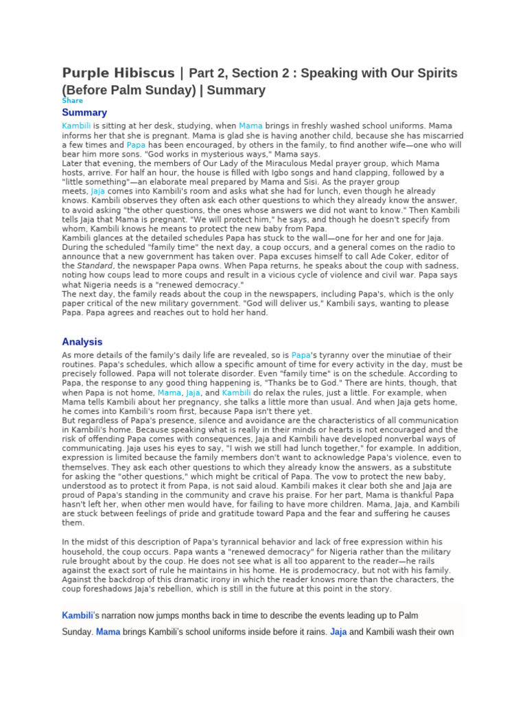 Summary of Purple Hibiscus Chapter 2 | PDF