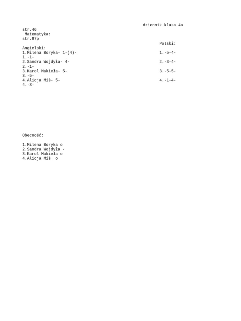 Dziennik Klasa 4a | PDF