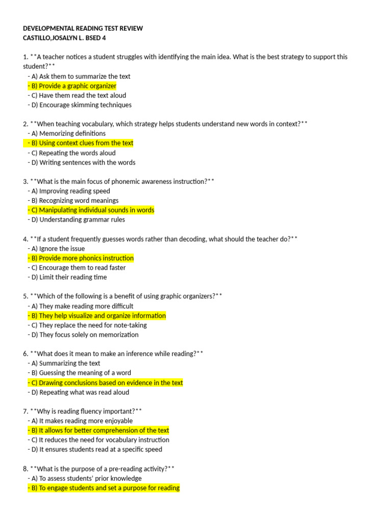 Developmental Reading Test Review | PDF | Reading Comprehension | Phonics