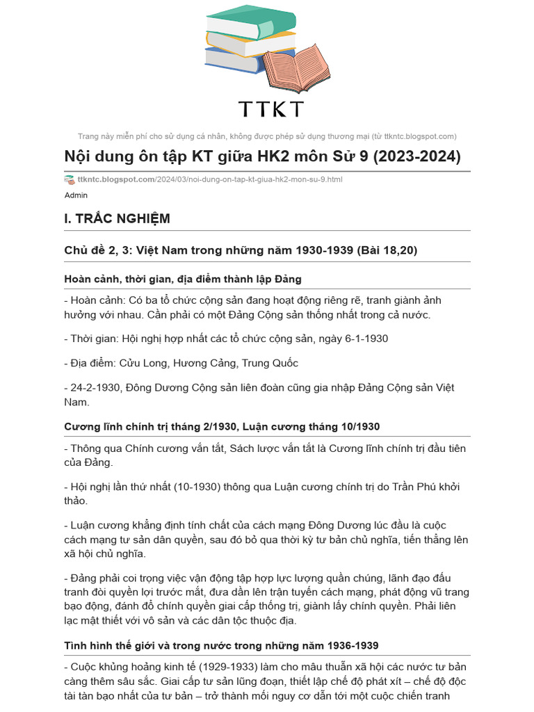 Nội dung ôn tập KT giữa HK2 môn Sử 9 (2023-2024) | PDF