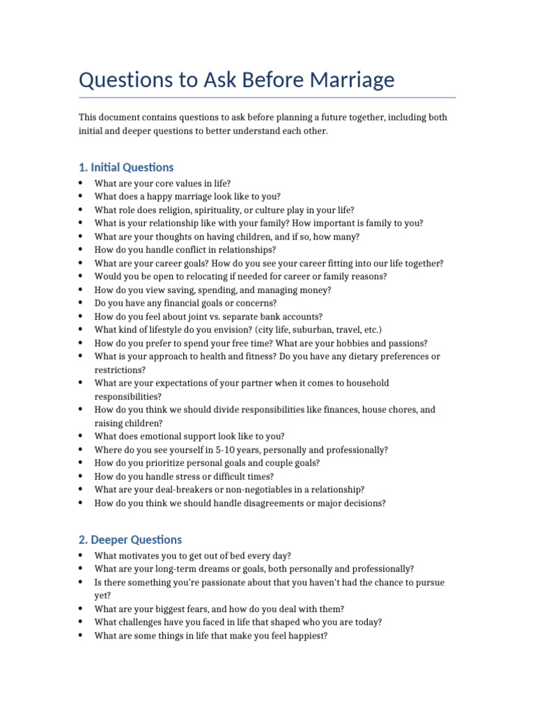 Questions To Ask Before Marriage | PDF | Marriage | Family