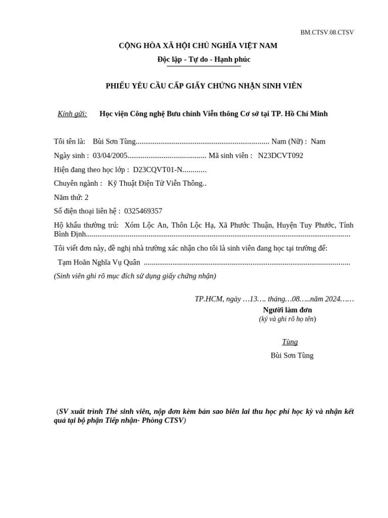BM - ctsv.08.CTSV - Phieu Yeu Cau Cap Giay Chung Nhan SV092 | PDF