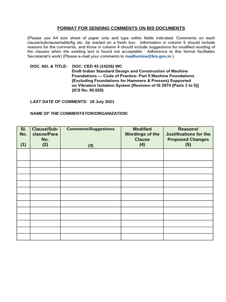 Format For Comments-Draft For Rev of IS 2974 (Part 5), Doc - CED 43 (14226) | PDF