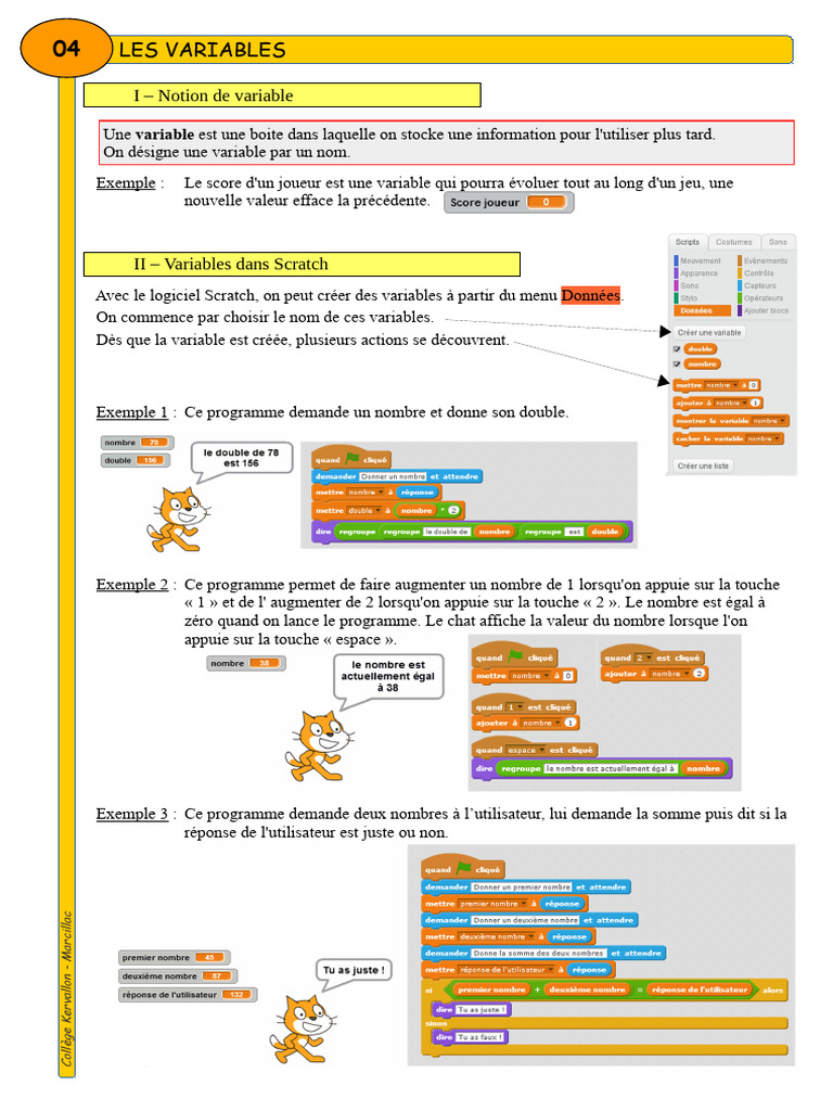 Création et utilisation des variables en Scratch | PDF