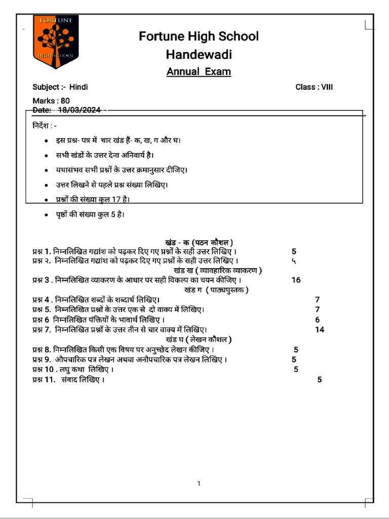 Grade 8 Hindi Paper Pattern | PDF