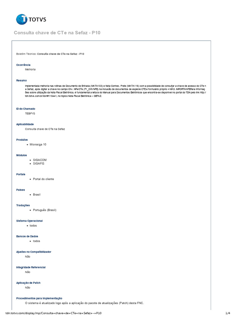 Consulta Chave de CTe Na Sefaz - P10 - Linha Microsiga Protheus - TDN | PDF | Bancos de dados ...