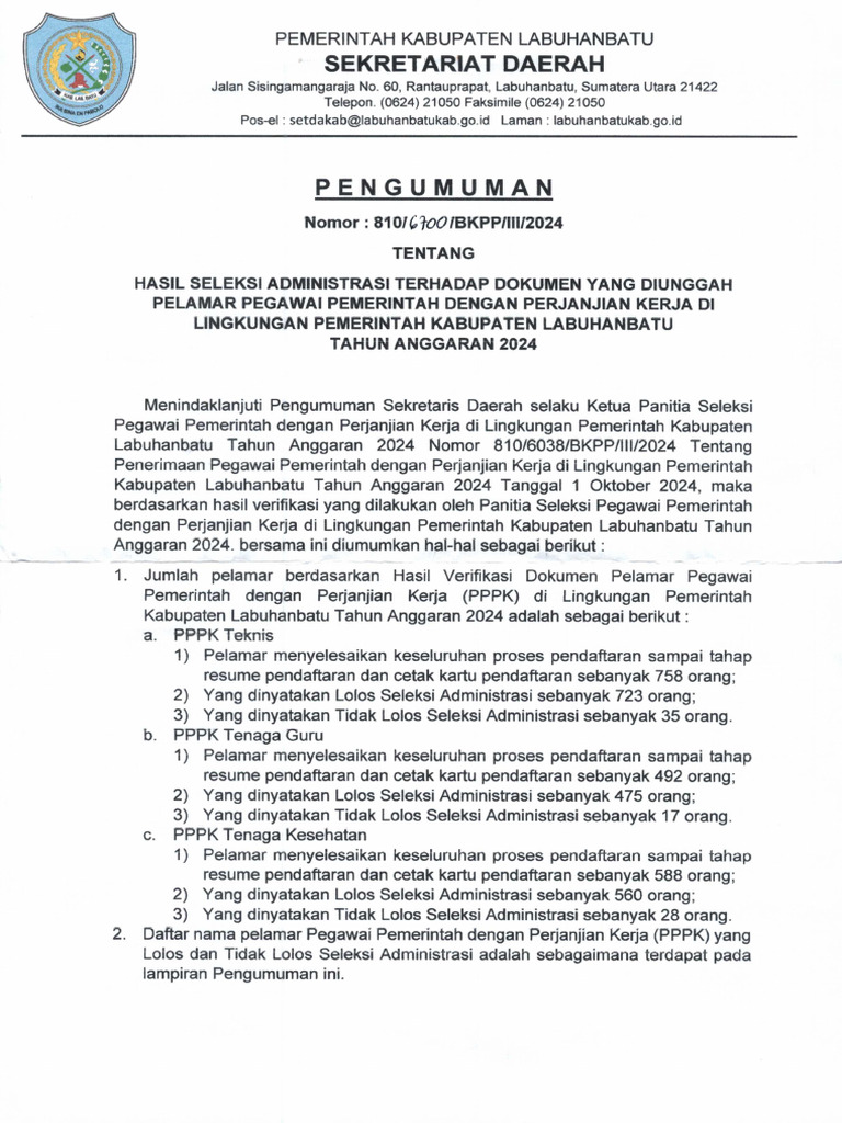 Pengumuman Hasil Seleksi ADM PPPK Tahap I 2024 Pra Sanggah | PDF