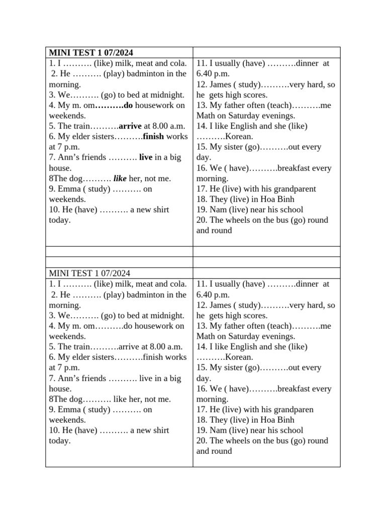 Mini Test 1 07 Present Simple | PDF