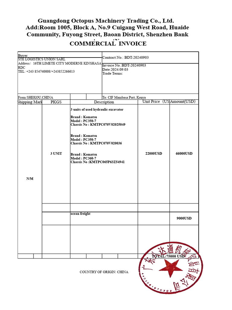 Commercial Invoice for Excavators Export | PDF