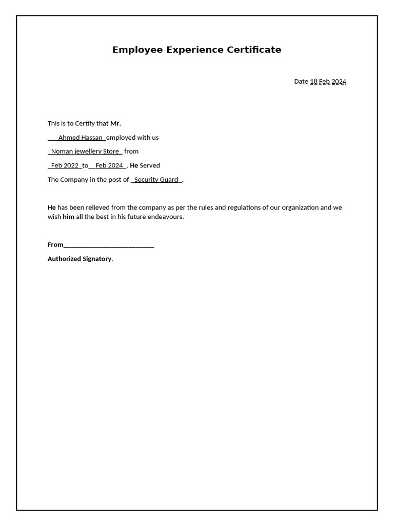 Employee Experience Certificate 2 | PDF