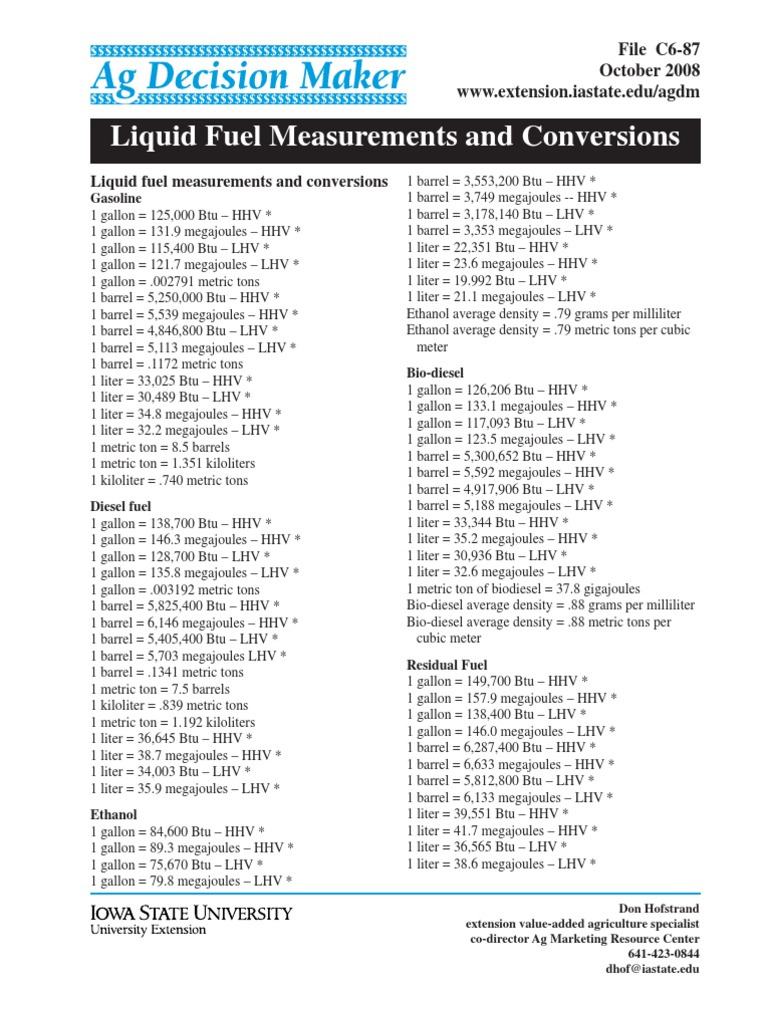 Liquid Fuel Measurement Conversions | PDF | Barrel (Unit) | Natural Gas
