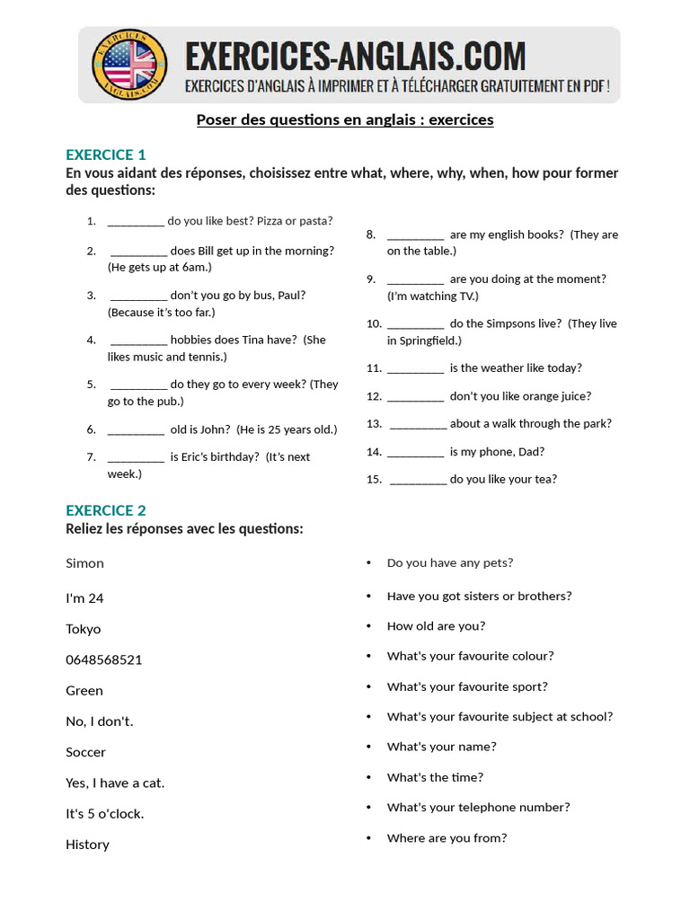 Exercices Anglais Questions WH | PDF