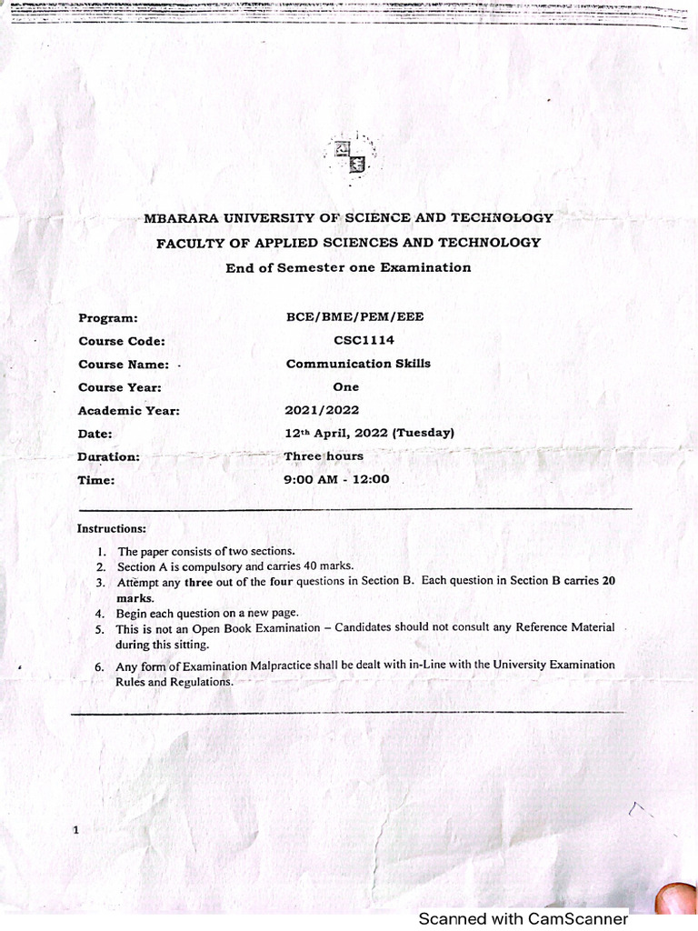 Communication Skills End of Sem One 2021-2022 | PDF