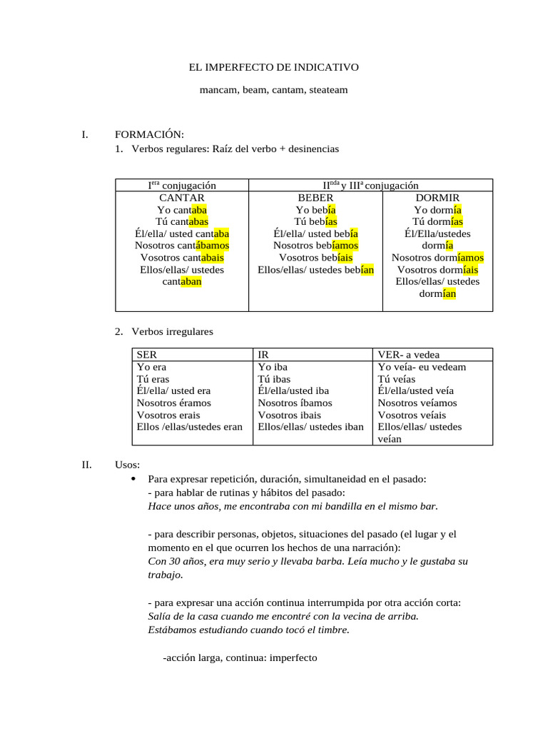 El Imperfecto de Indicativo | PDF | Verbo