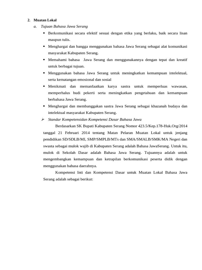 KI KD Muatan Lokal Jawa Serang, Bahasa Sunda Dan BTQ | PDF