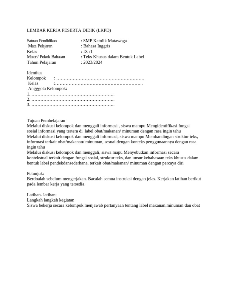 LKPD Label SMP Katolik Matawoga | PDF