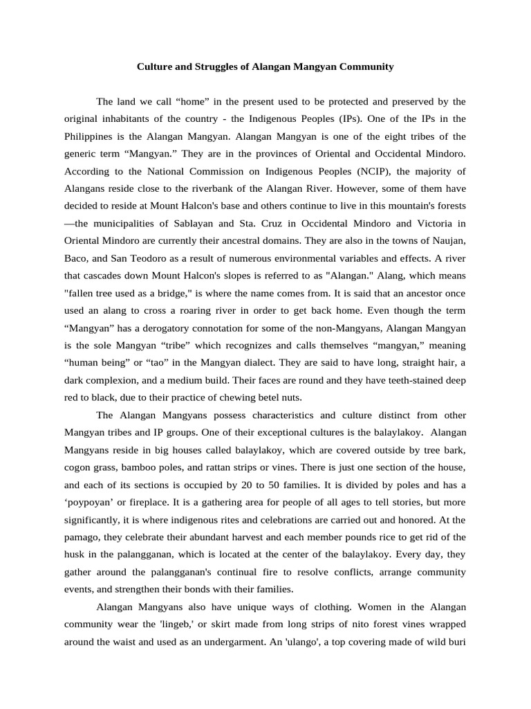 Culture and Struggles of Alangan Mangyan Community | PDF