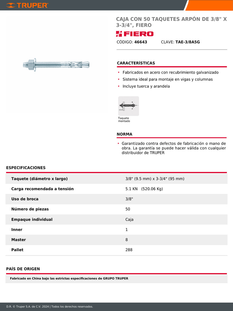 Ficha Tecnica Taquete Arpon 3/8 | PDF