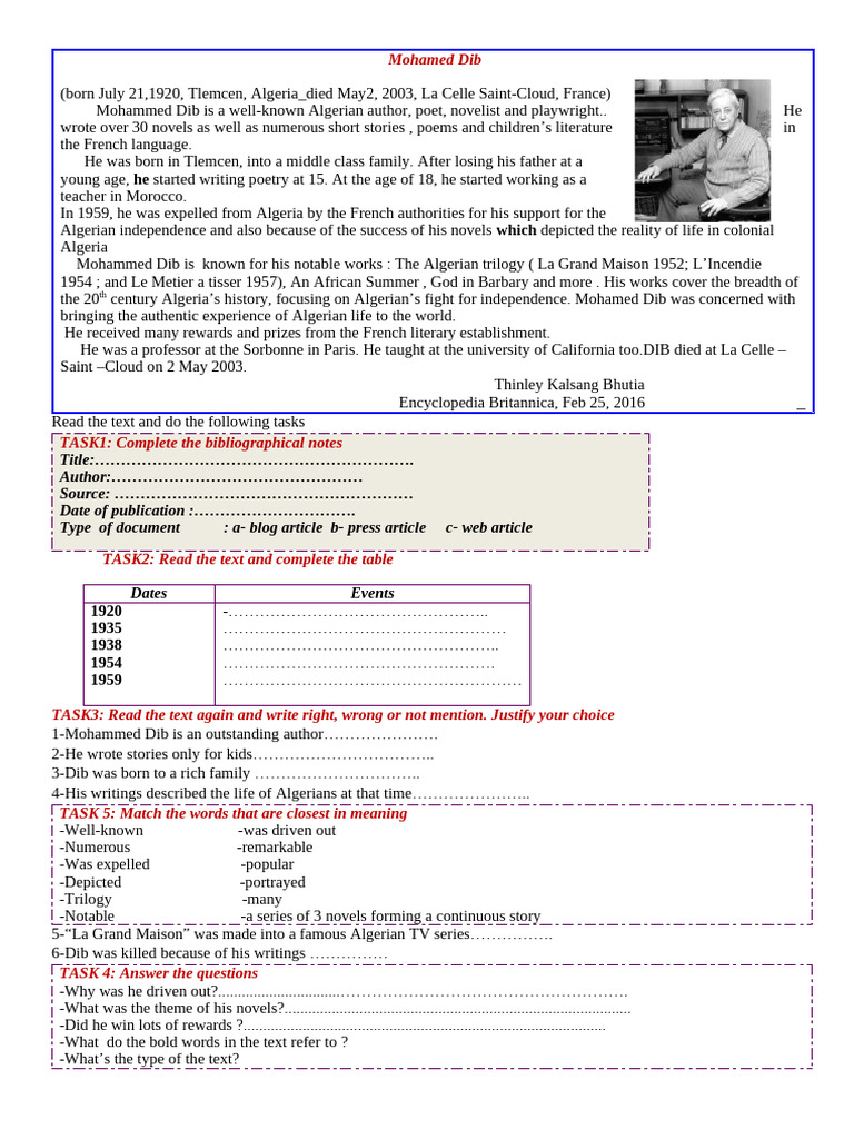 Mohamed Dib Reading Lesson by Dalila Ouchene 2 | PDF | Human ...